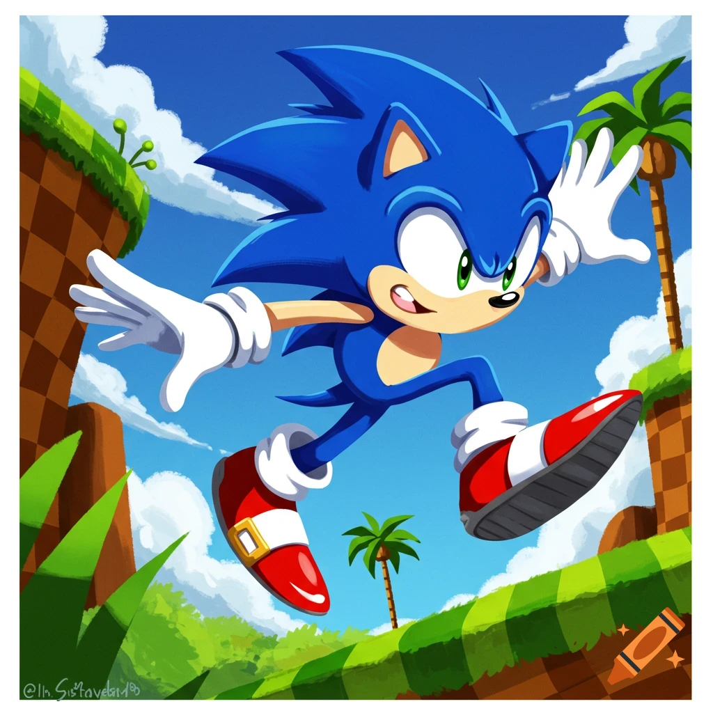 Cartoon illustration of Sonic the Hedgehog running in a bright, hilly ...