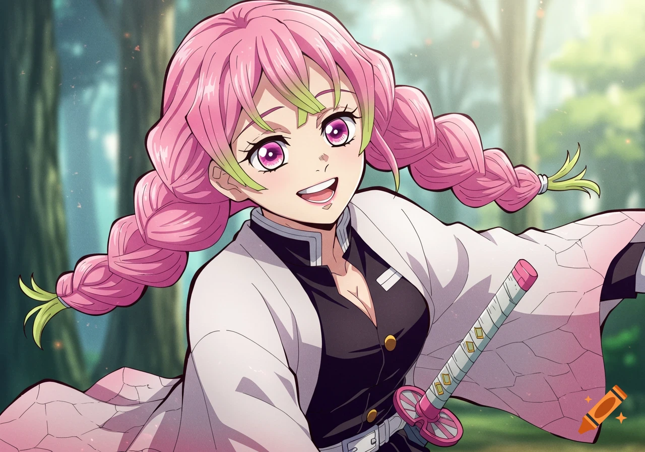 Anime character Mitsuri Kanroji from Demon Slayer with pink braided ...