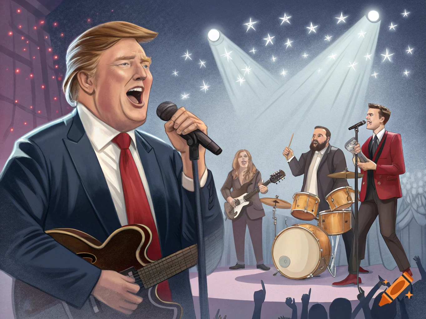 Illustration of Donald Trump singing and playing guitar on stage with a ...