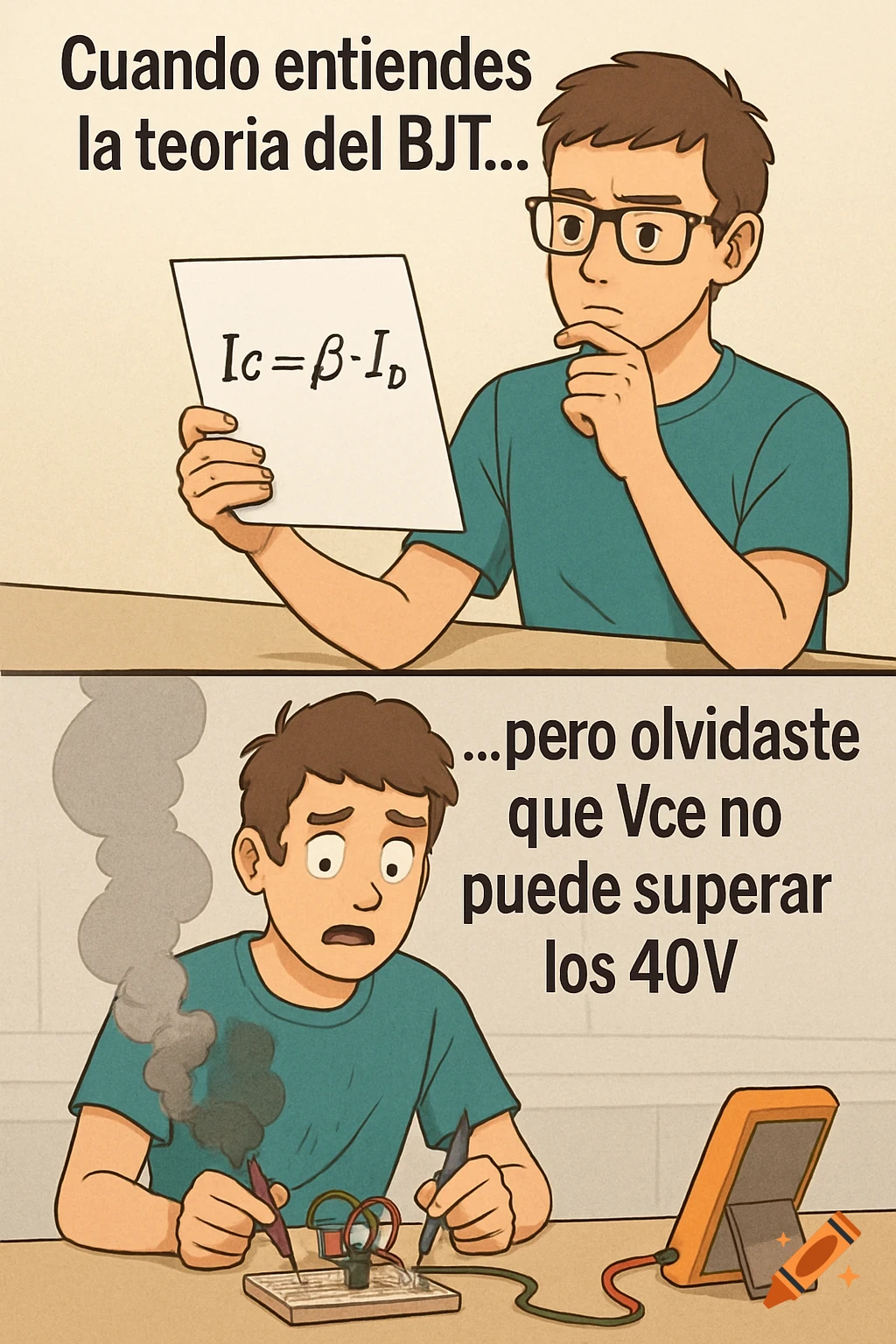 Two-panel cartoon meme: student understands BJT theory formula; student ...