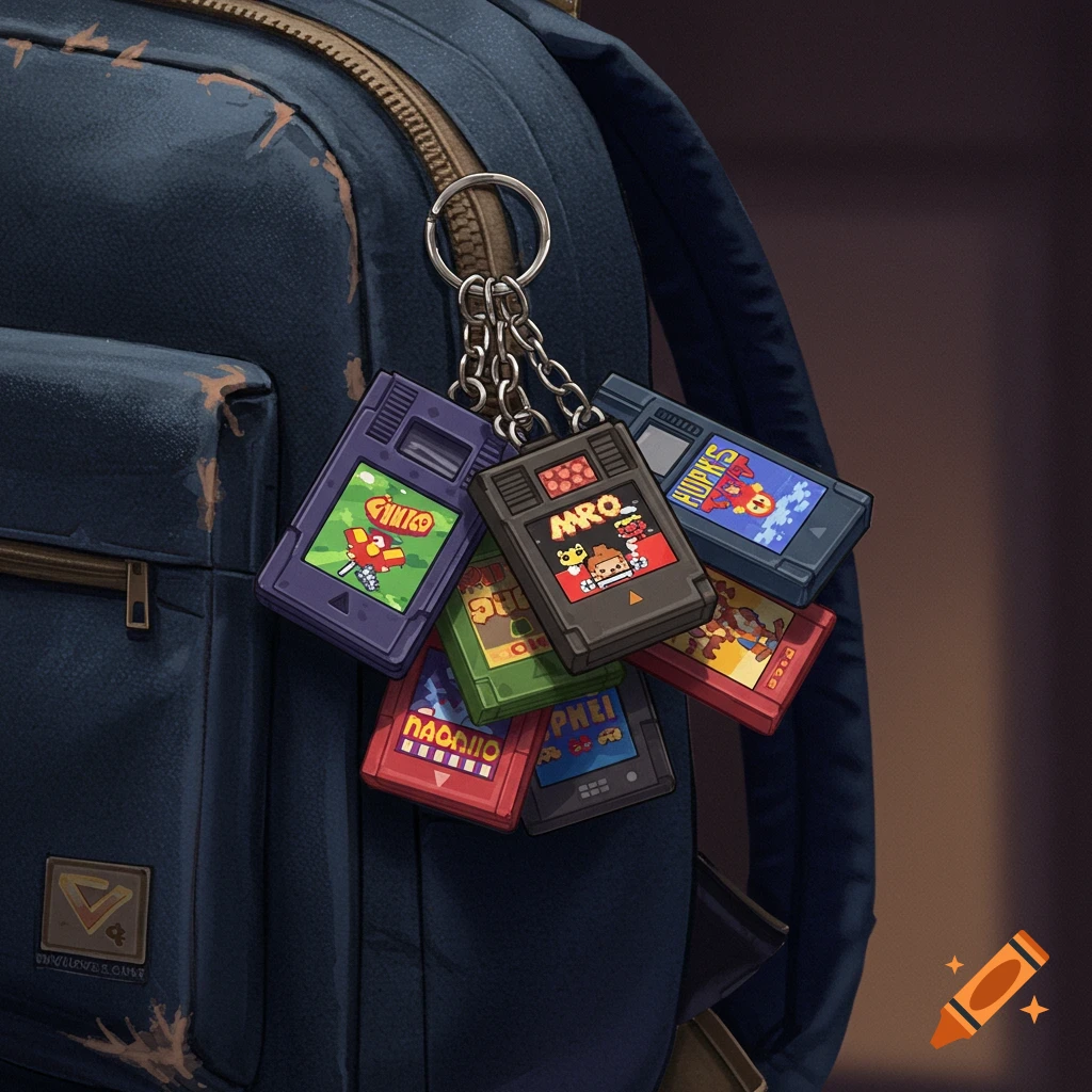 Keychain with retro video game cartridge fobs hanging from a backpack ...