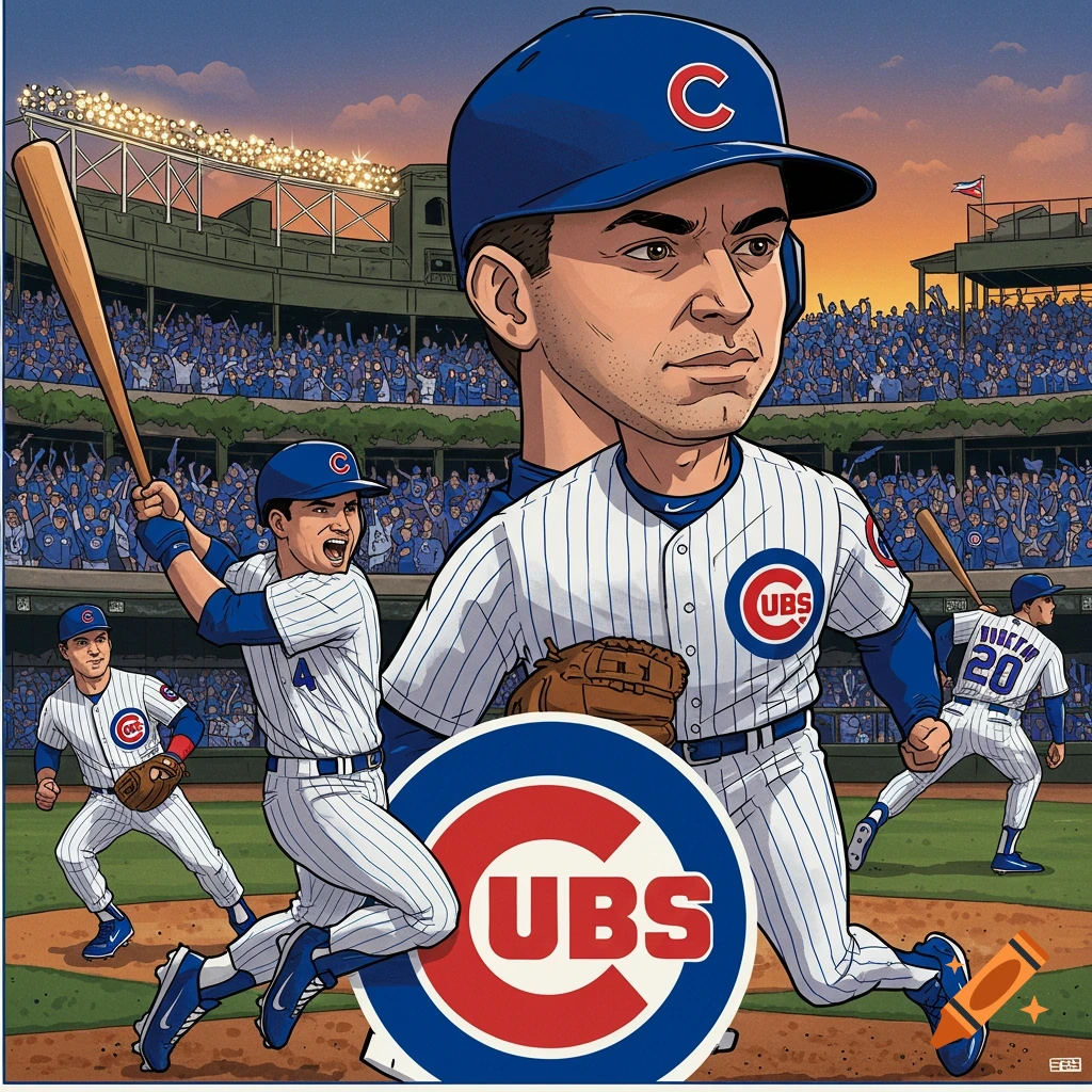 Stylized illustration of baseball players in Chicago Cubs uniforms on a ...