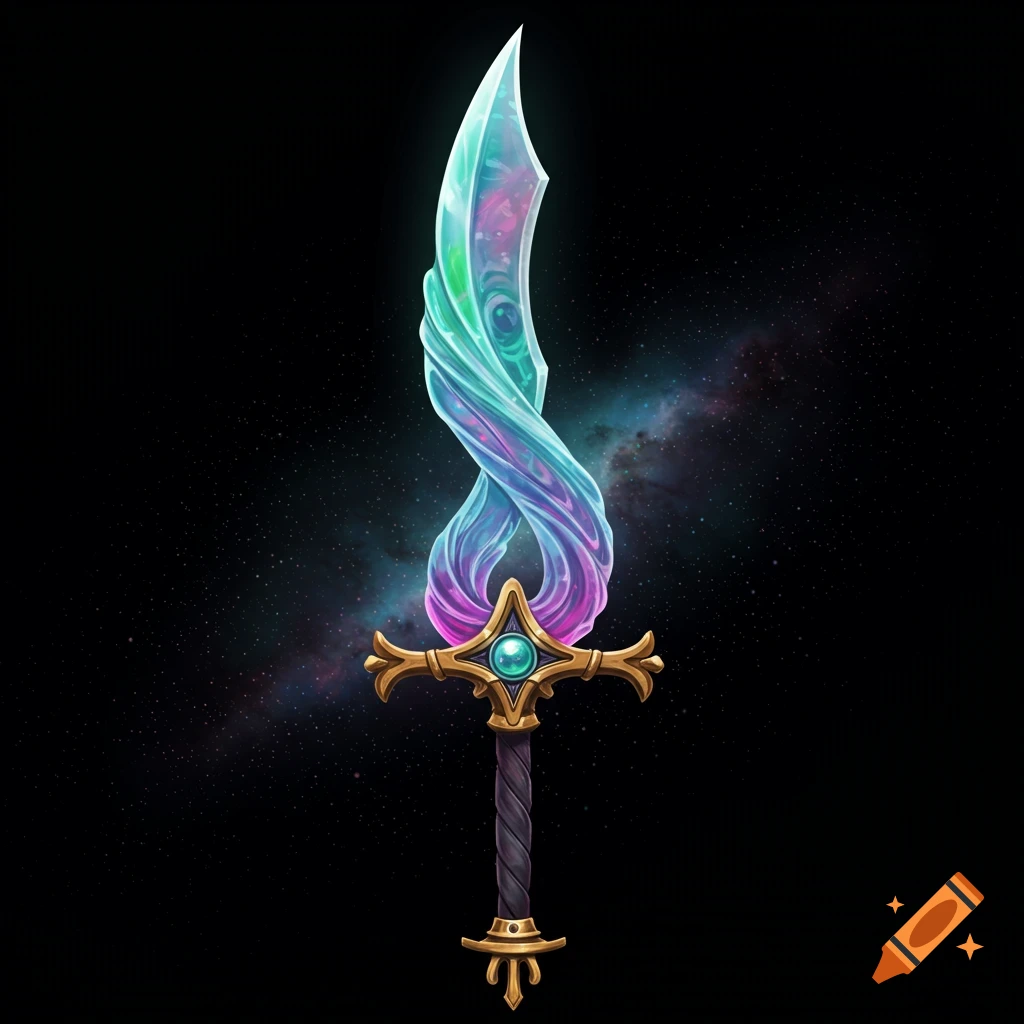 A colorful fantasy sword with a cosmic blade and gold hilt against a ...