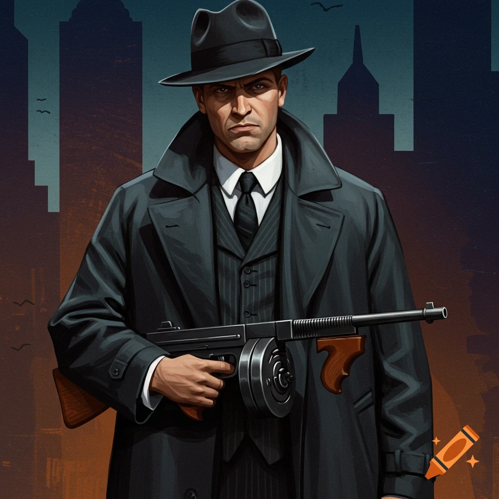 A stylized illustration of a 1920s mobster in a fedora and trench coat ...