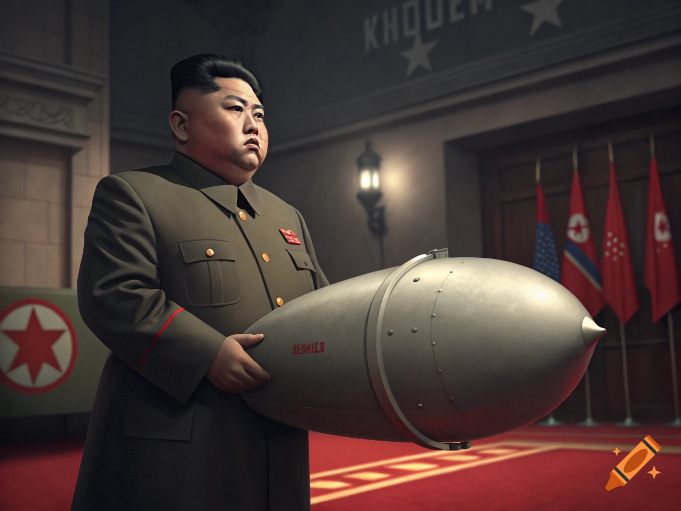 Kim Jong Un holding a large bomb in a formal room with flags and a red ...