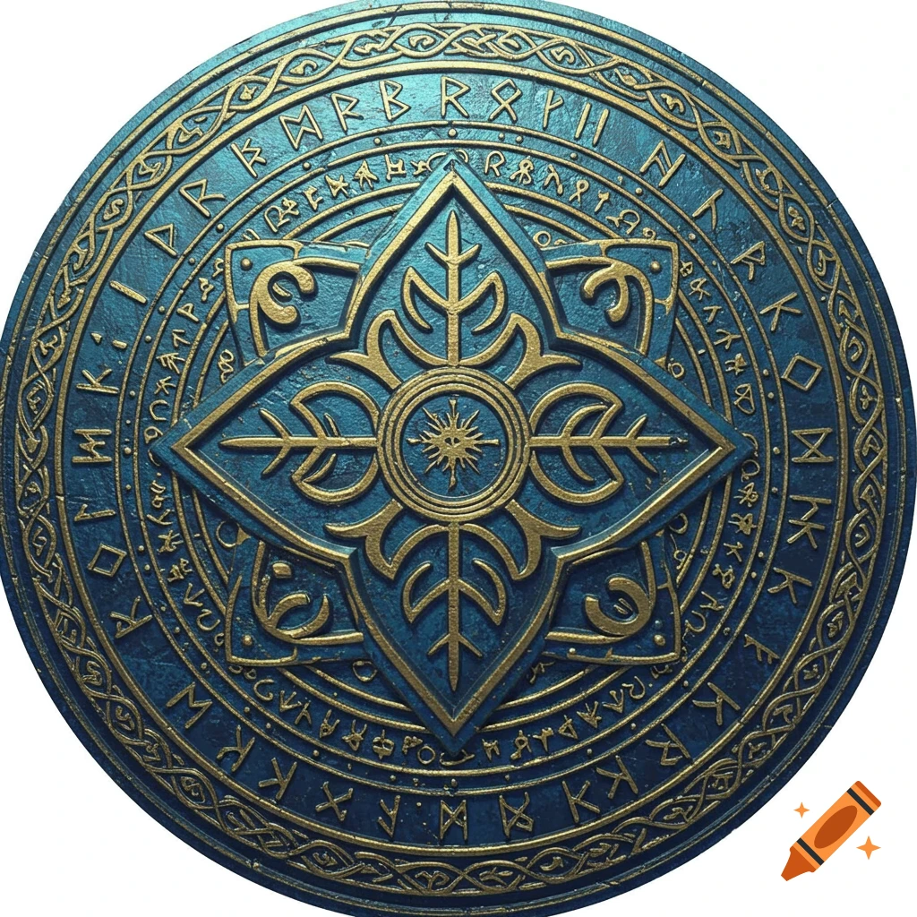 Ornate round teal and gold mythical glyph or magic circle with runic ...