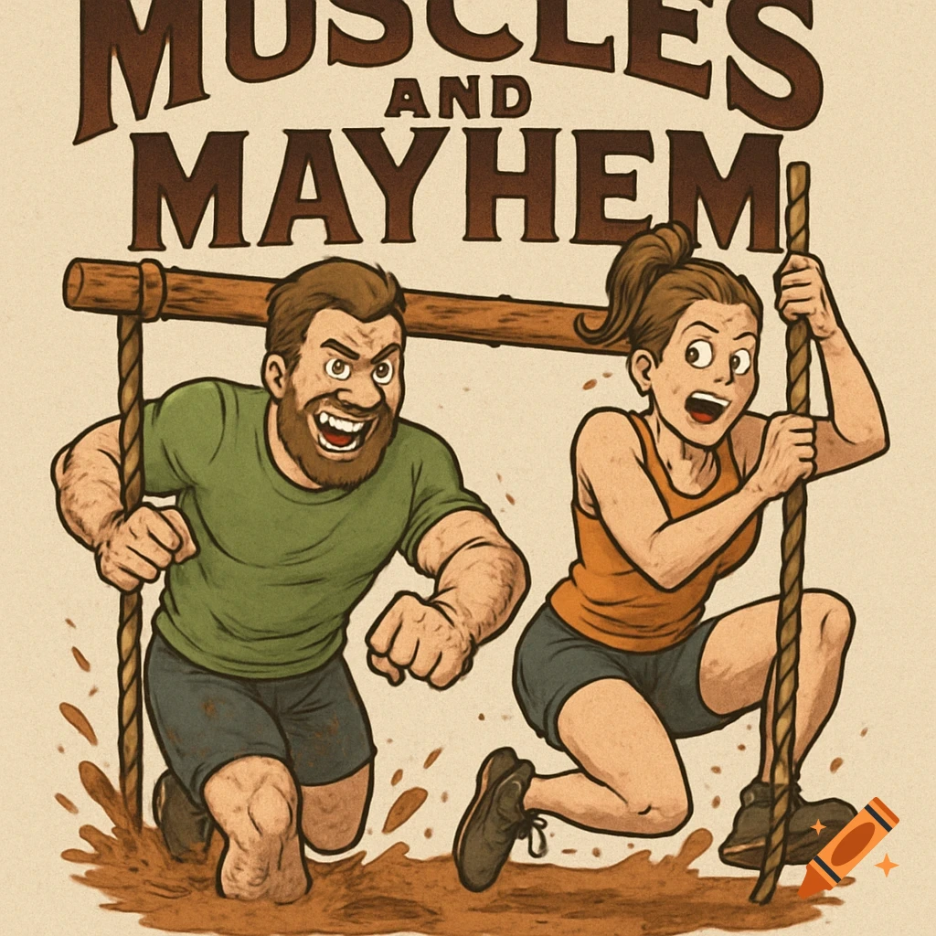 Cartoon illustration of a man and woman running through mud in an ...