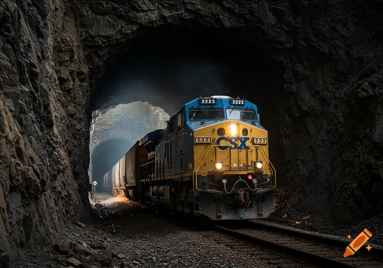 A blue and yellow CSX train exits a dark, rocky tunnel with sparks flying. on Craiyon