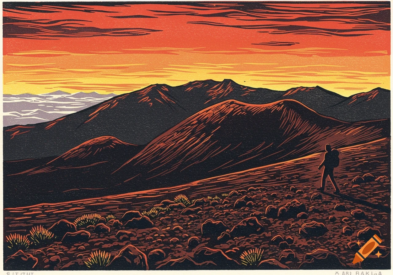 Linocut print of a hiker in a mountain landscape at sunrise. on Craiyon