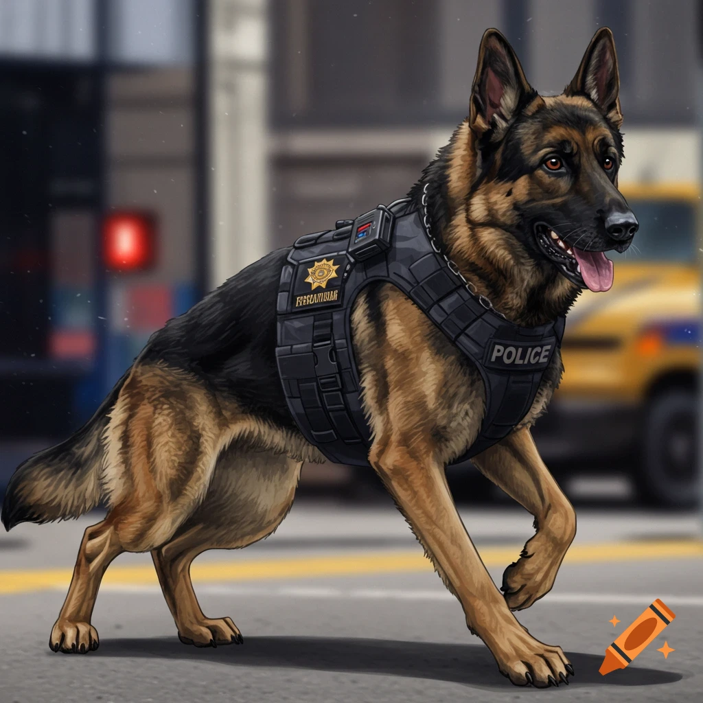 German Shepherd police dog wearing a tactical vest, running outdoors ...