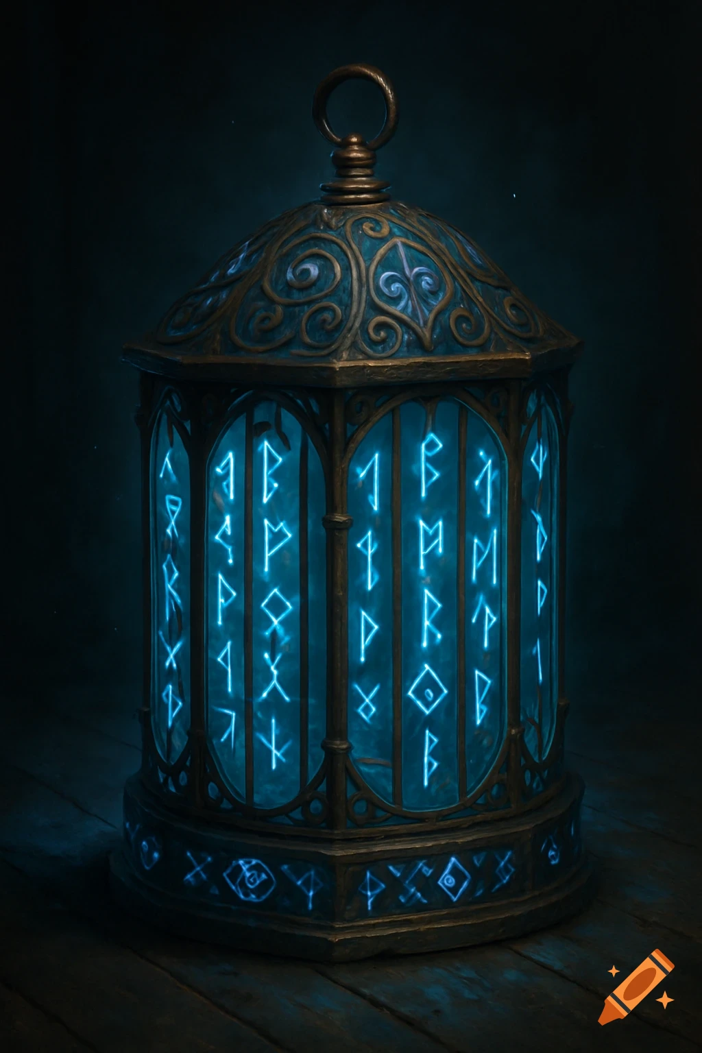 Glowing blue rune-covered lantern in a dark setting on Craiyon
