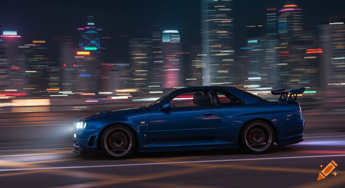 Blue Nissan Skyline driving at night in a city, photorealistic with ...