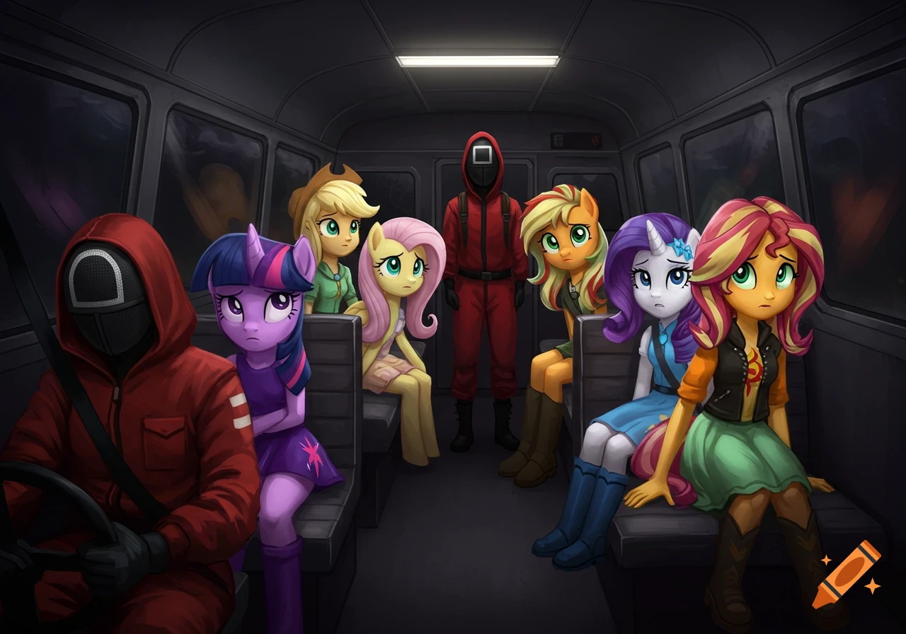 Equestria Girls characters look confused in a dark van with Squid Game guards on Craiyon