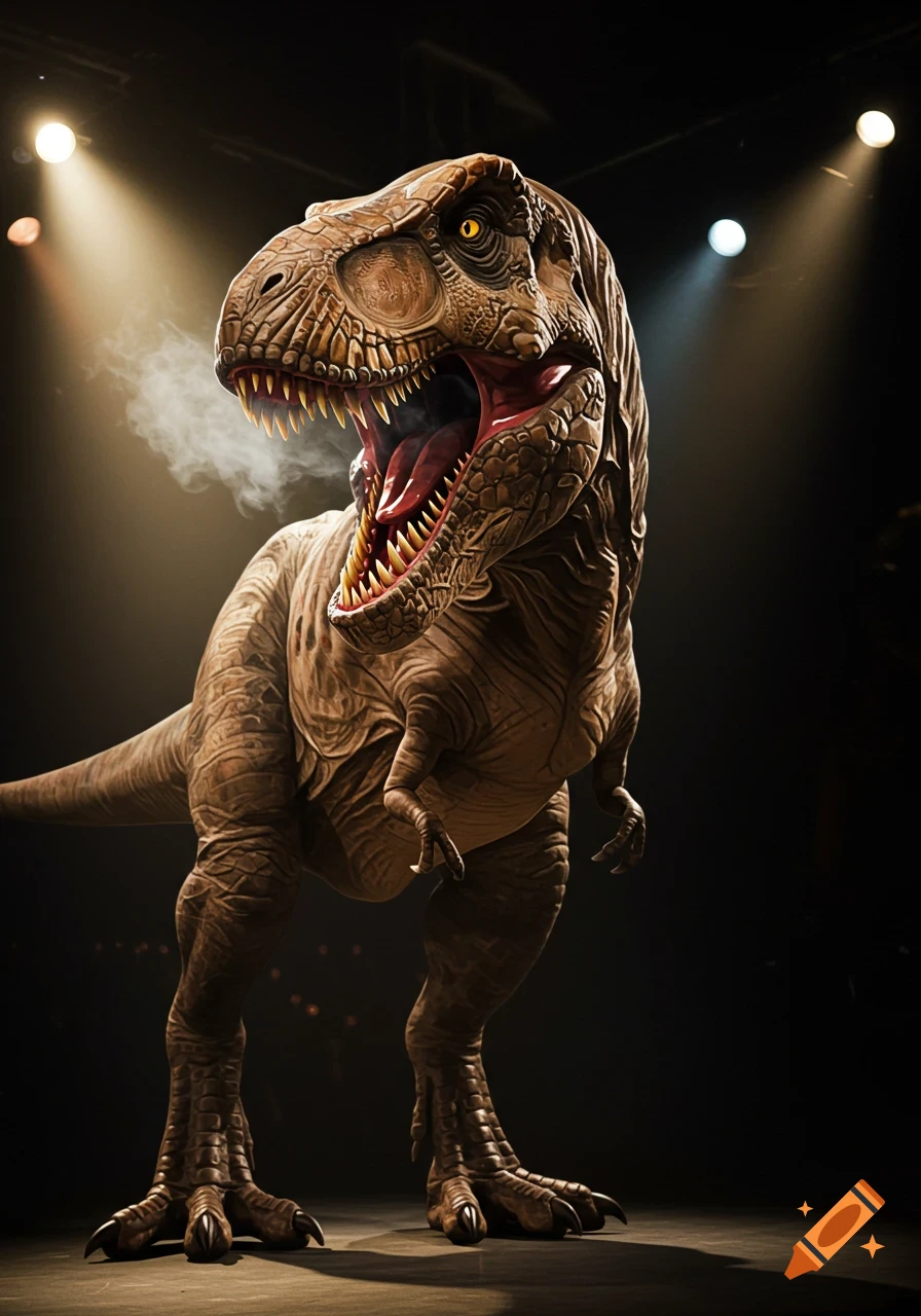 A detailed T-Rex animatronic with its mouth open roars on a dark stage ...