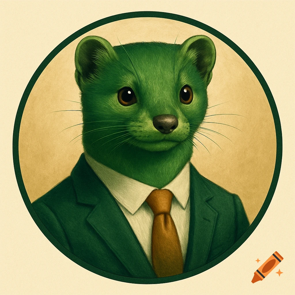 Green stoat animal wearing a suit and tie inside a circle. on Craiyon