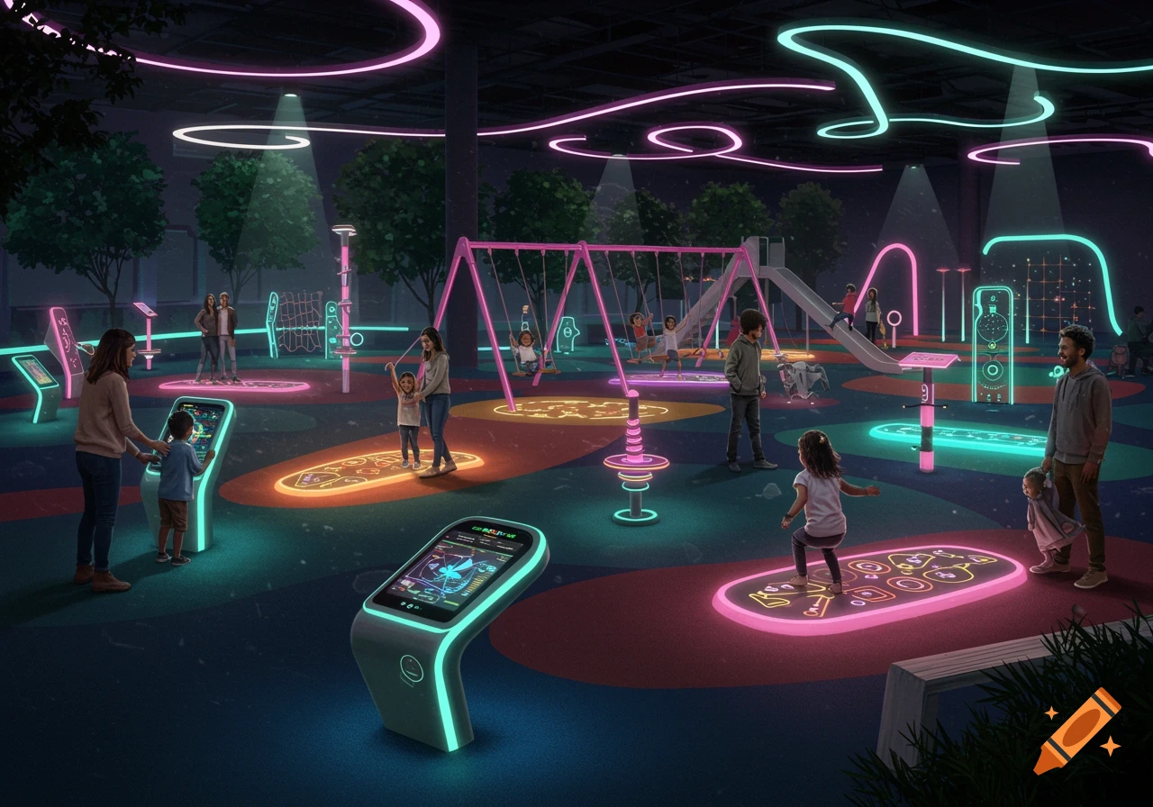 A futuristic playground at night with glowing neon lights, interactive screens, and families ...