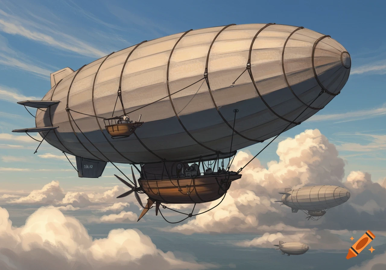 A large dirigible flies through the clouds, with two smaller airships ...