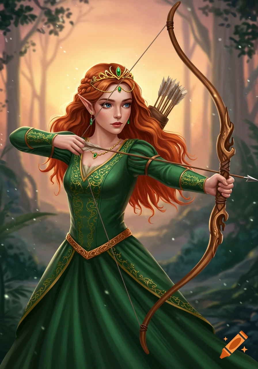 Digital painting of an elf princess aiming a bow and arrow in a forest. on Craiyon