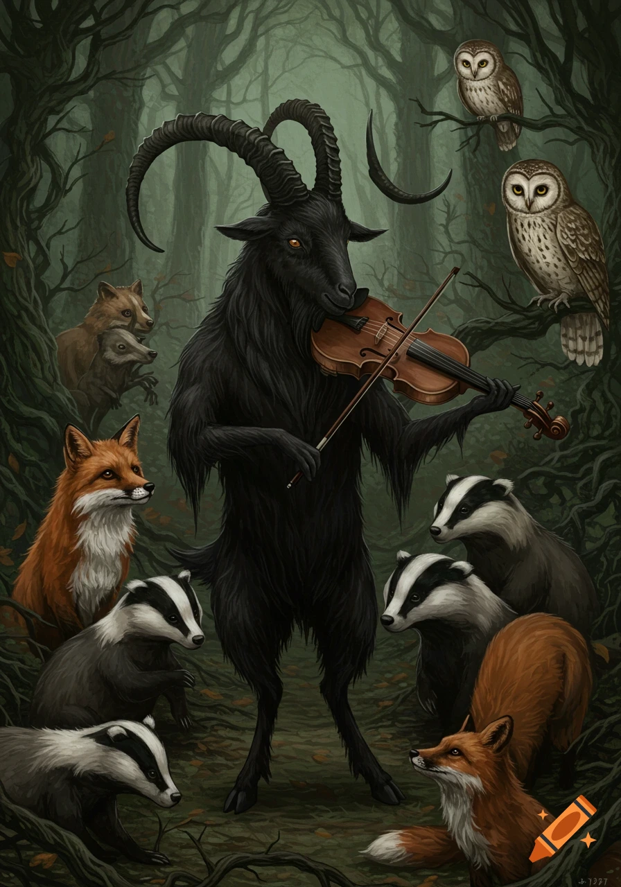 A black goat plays a violin surrounded by badgers, foxes, and owls in a ...
