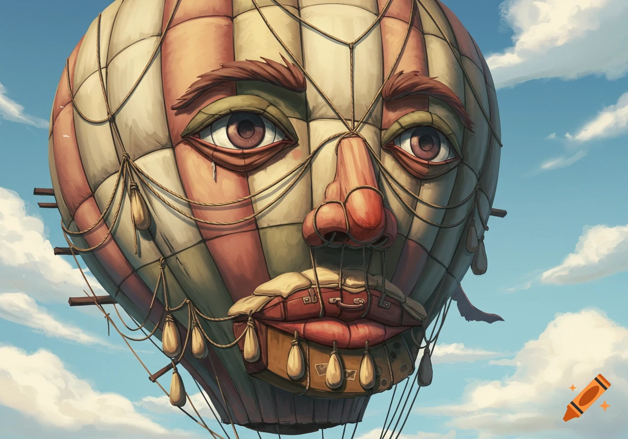 Close-up of a whimsical hot air balloon designed like a human face ...