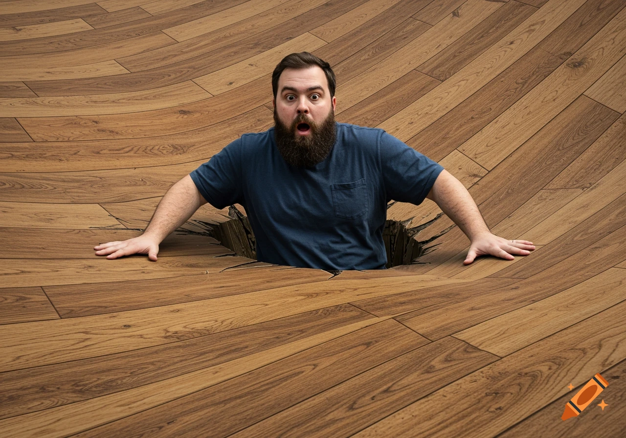 A surprised man's upper body is in a hole in a distorted wooden floor ...