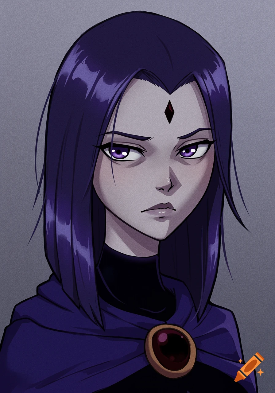 Anime portrait of Raven from Teen Titans looking serious in her purple ...