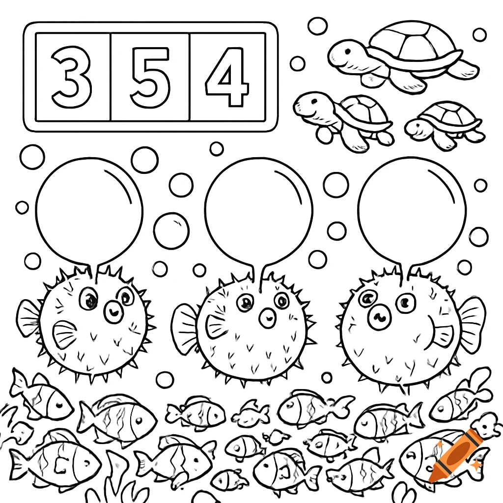 Coloring book page with three pufferfish, turtles, and small fish, and ...