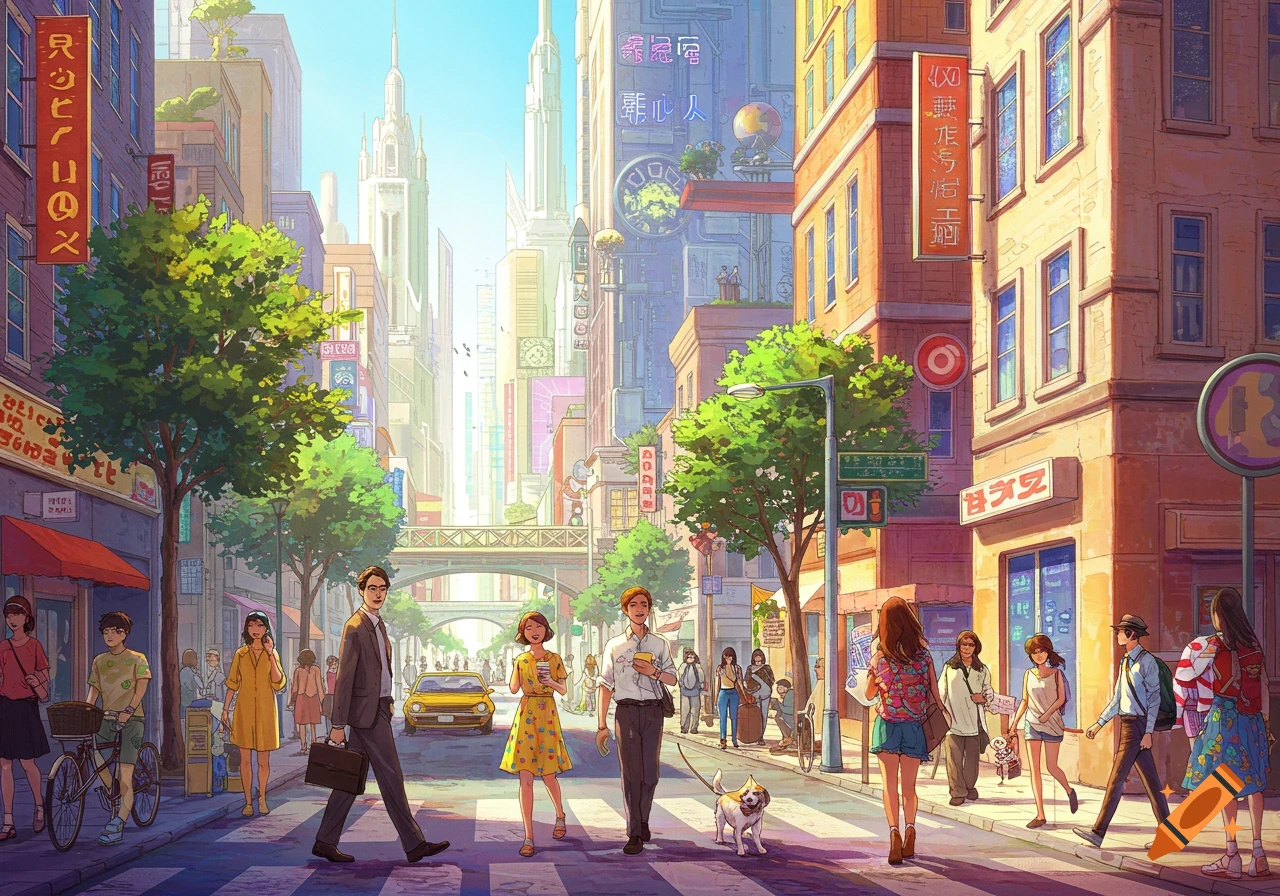 A busy city street scene with pedestrians, buildings, and trees in a ...