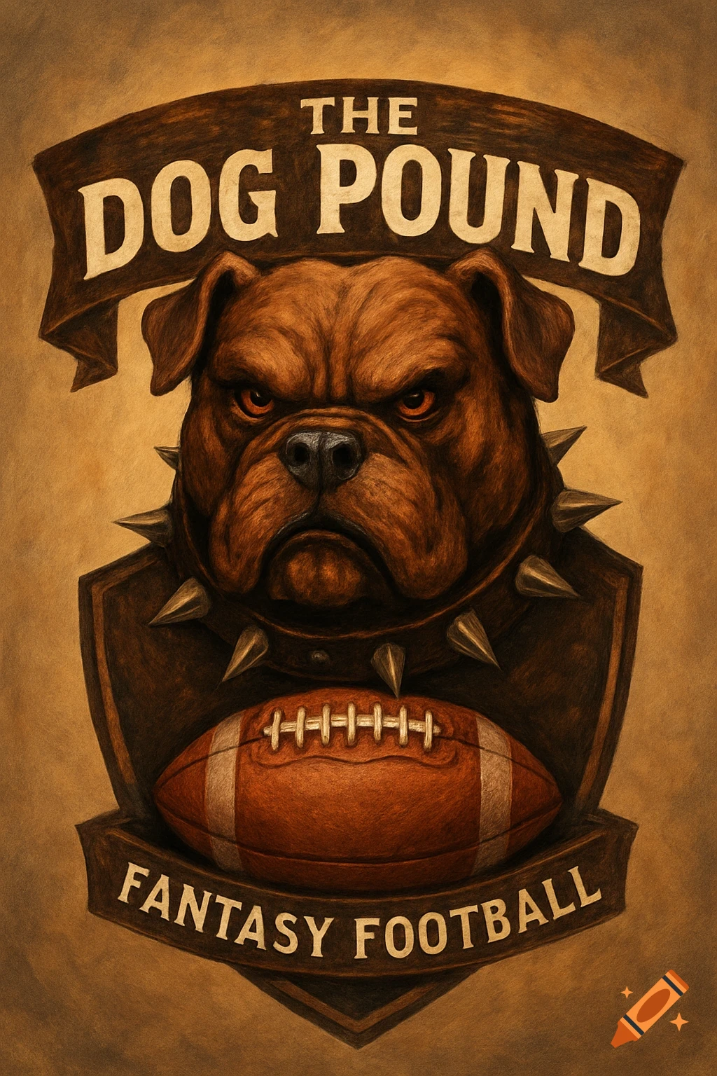 Logo with an angry bulldog, spiked collar, and football, with text 'THE DOG POUND FANTASY ...