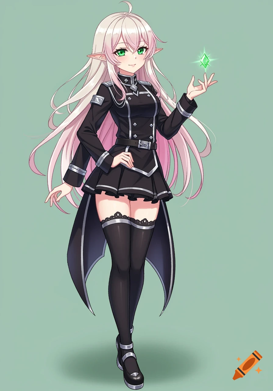 An anime half-elf girl in a black military dress holds a green gem. on ...
