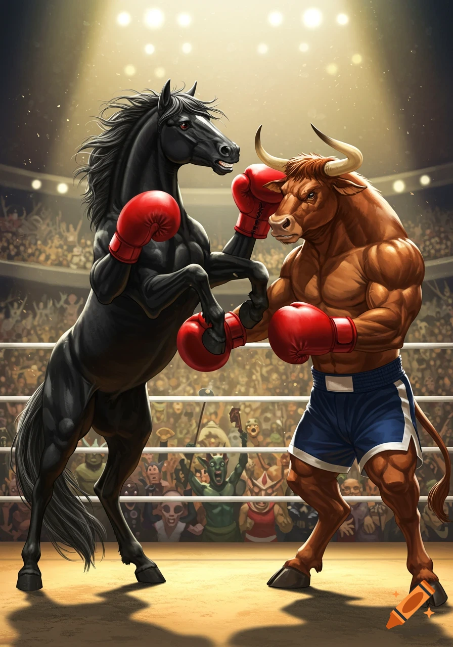 A black horse and a brown bull box in a ring. on Craiyon