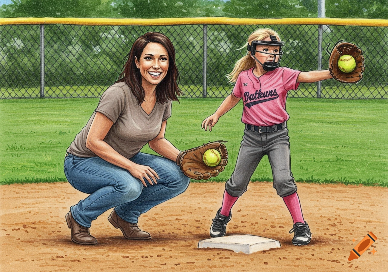 Drawing of a mother crouching to catch her daughter pitching softball ...