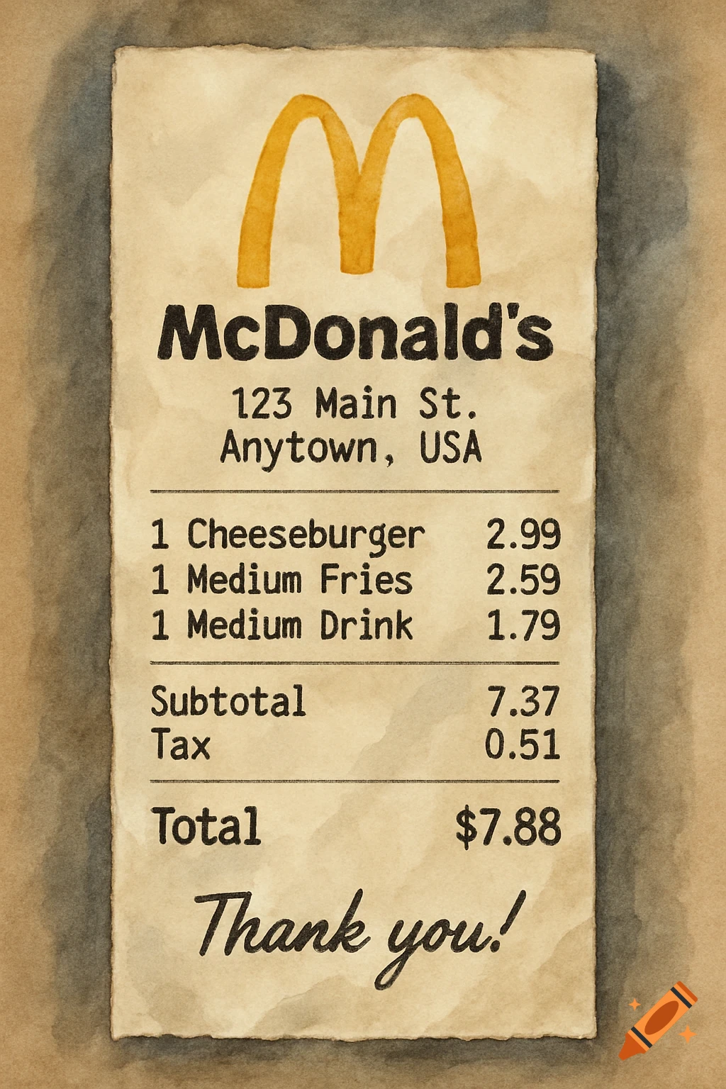 Watercolor illustration of a McDonald's receipt with food items, prices ...