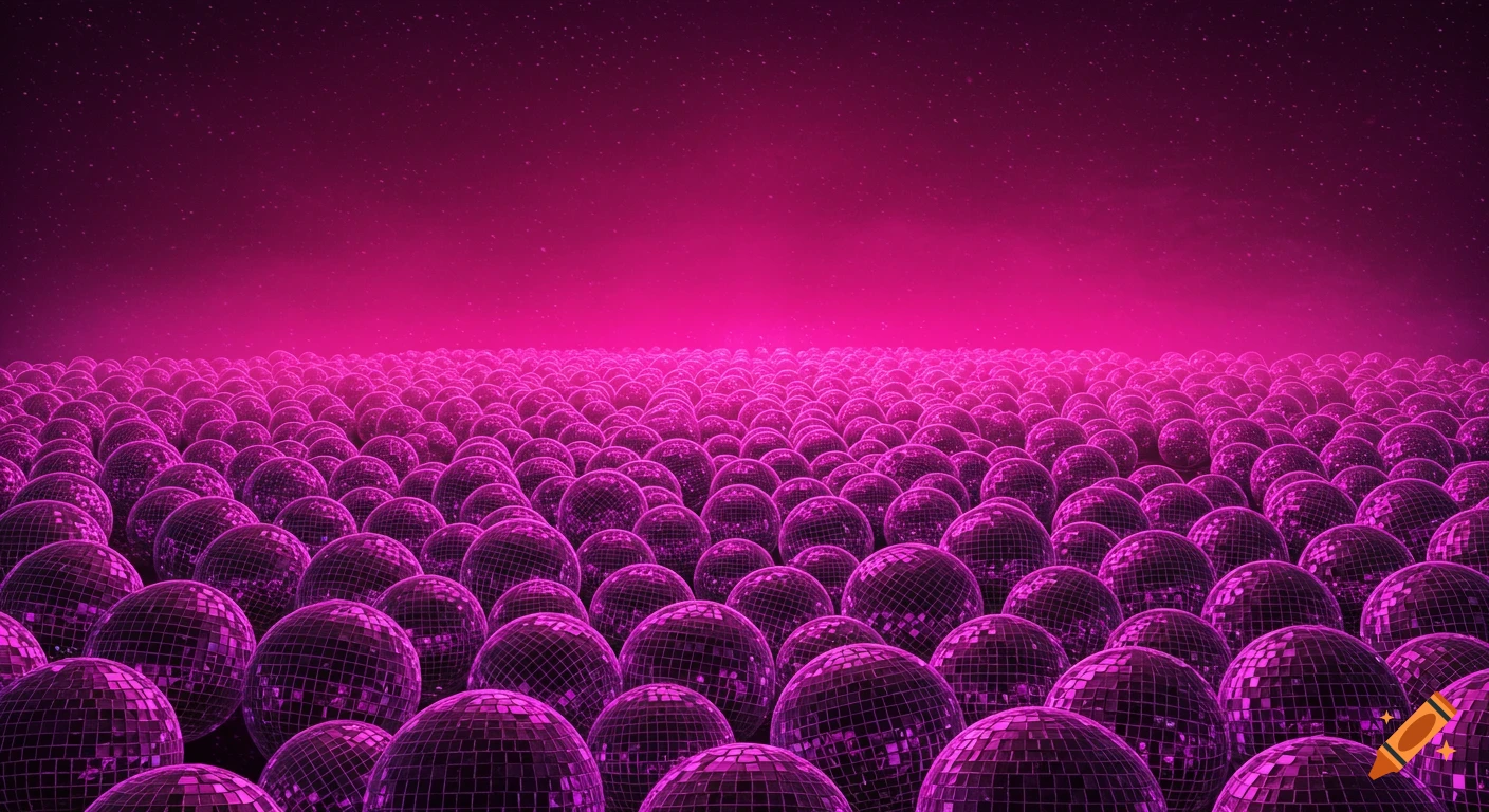 A vast field of purple disco balls stretching towards a glowing pink ...