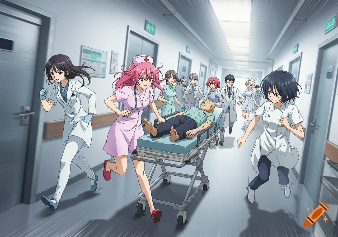 Anime style image of doctors and nurses rushing a patient on a ...