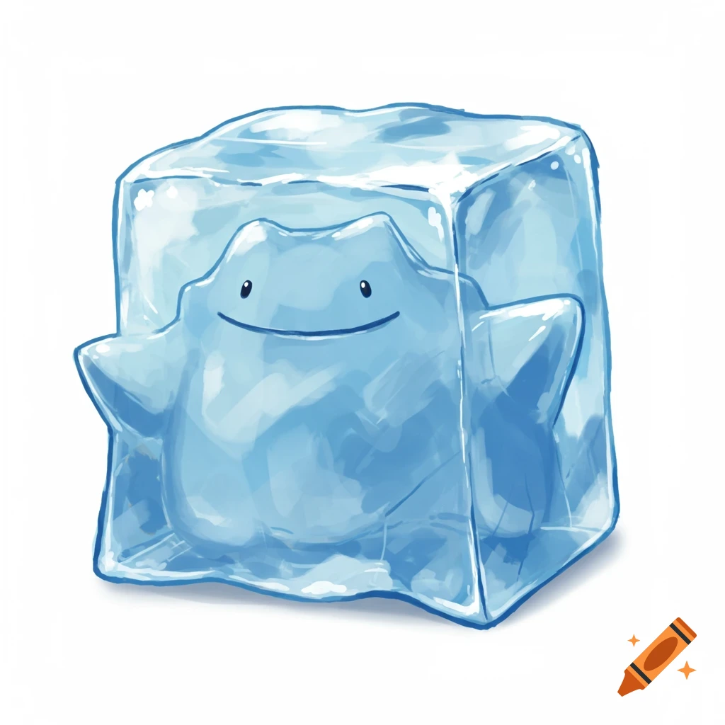 A blue Pokemon Ditto character is trapped inside an ice cube. on Craiyon