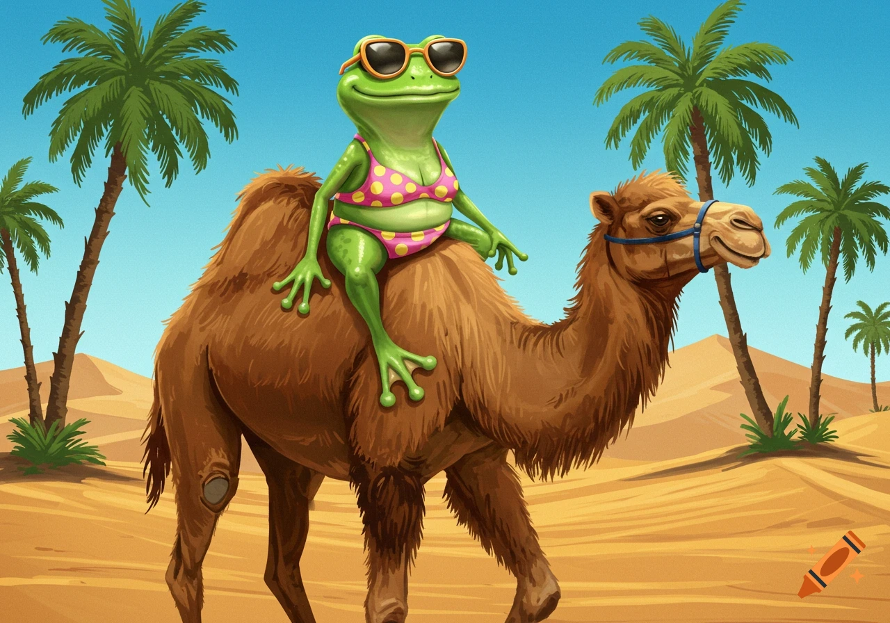Cartoon frog in bikini riding a camel in the desert with palm trees. on Craiyon