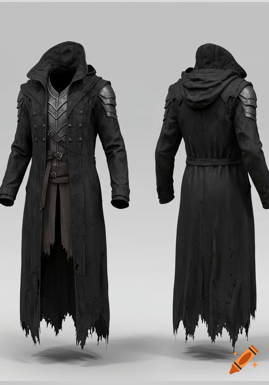 Front and back view of a black, tattered fantasy medieval warrior coat ...