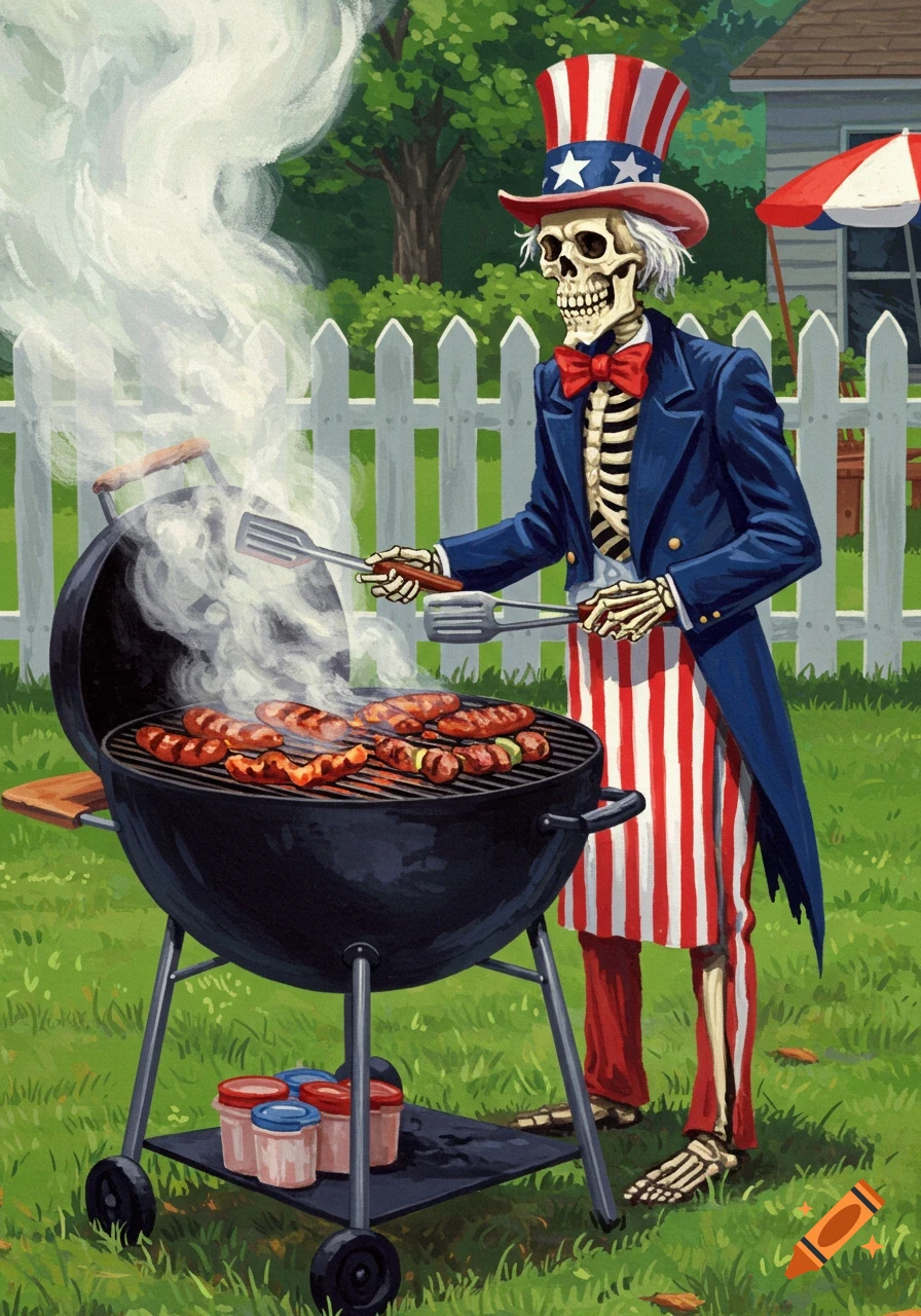 An illustration of a skeleton dressed as Uncle Sam grilling sausages in ...