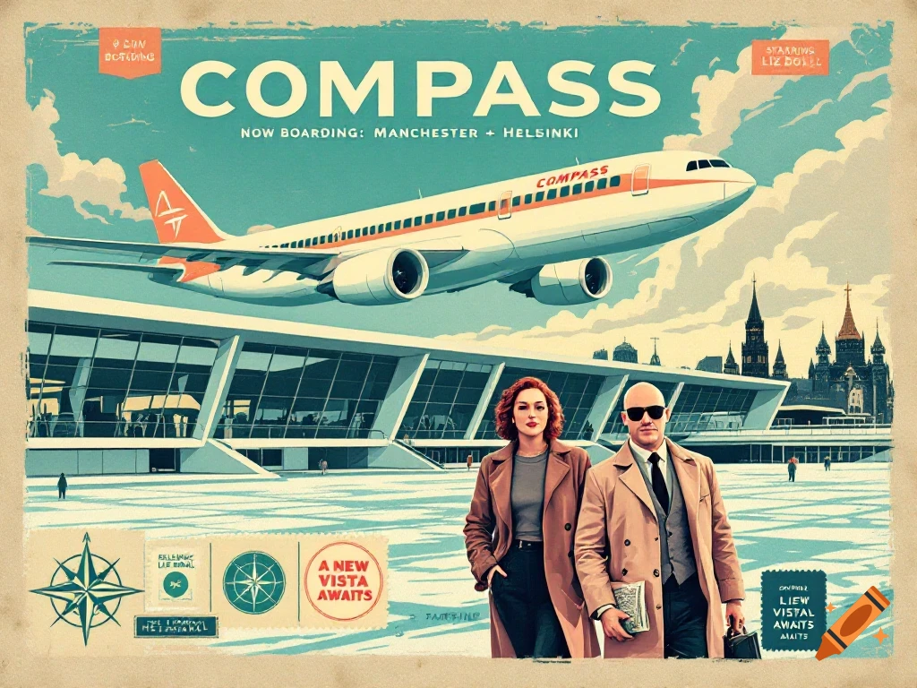 Vintage travel poster featuring a plane, airport terminal, and two ...