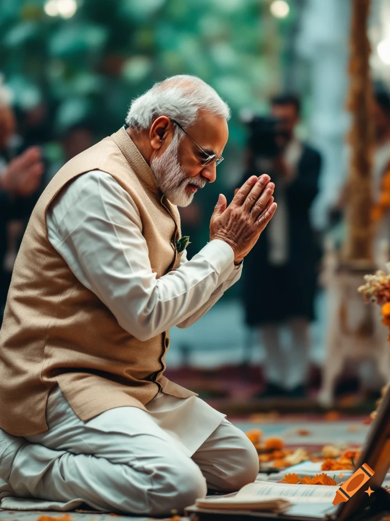 Narendra Modi kneels with hands pressed together in prayer during a ...