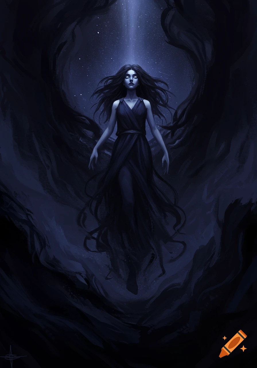 Dark fantasy art of Nyx goddess rising from shadows on Craiyon