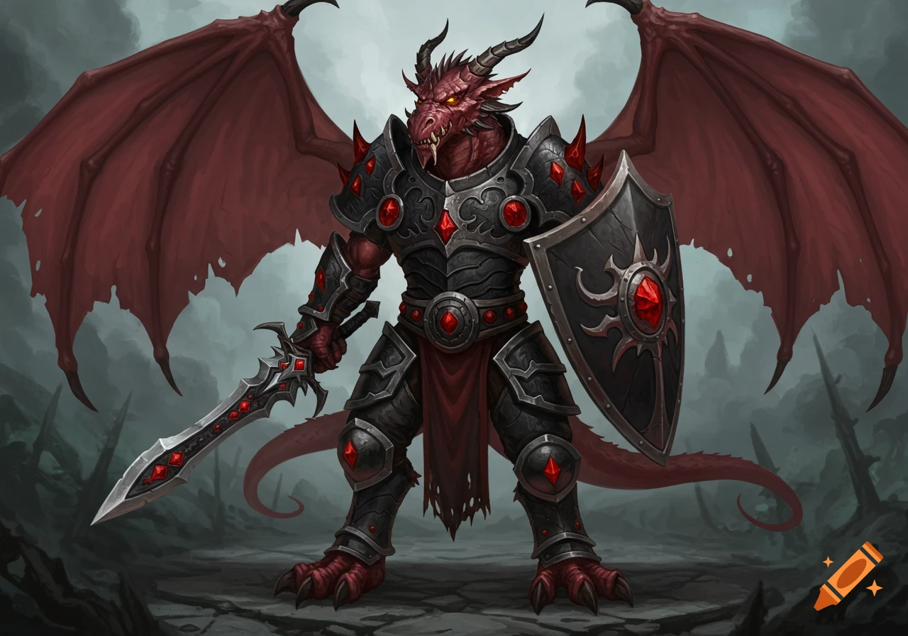 Red dragon character in black armor with sword and shield. on Craiyon