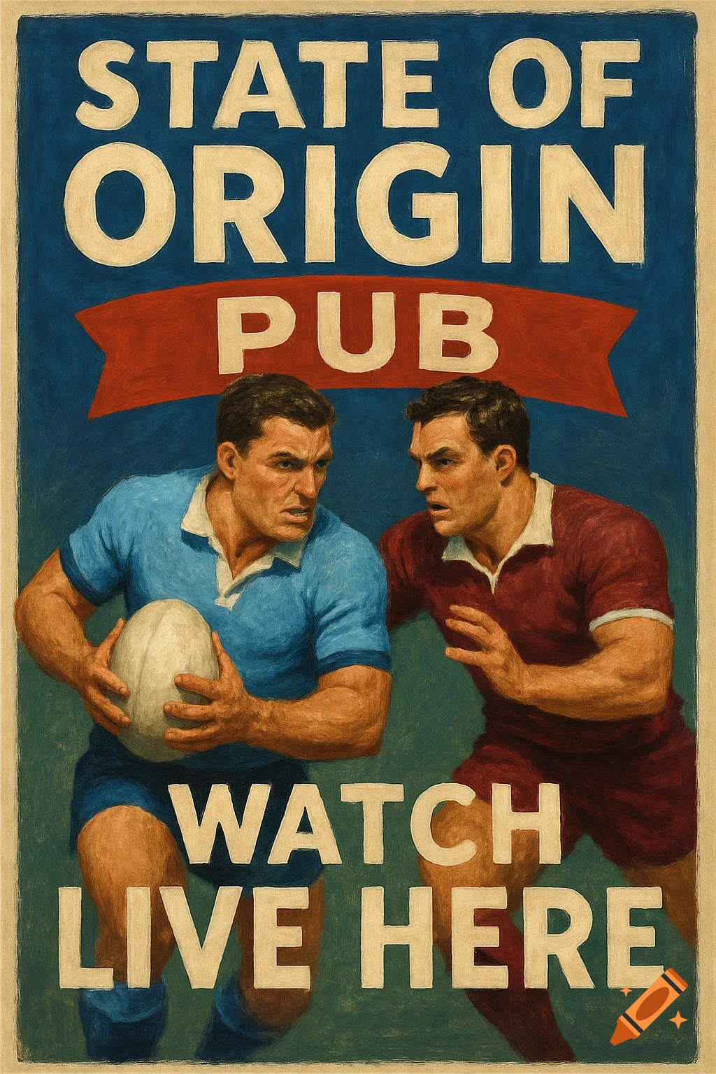 Illustration poster promoting State of Origin at a pub with two rugby ...