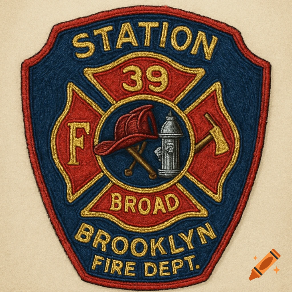 Embroidered fire department patch with text and symbols. on Craiyon
