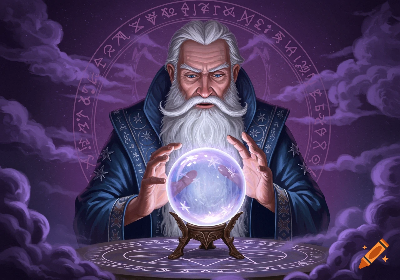 A fantasy illustration of a wizard looking into a glowing crystal ball ...