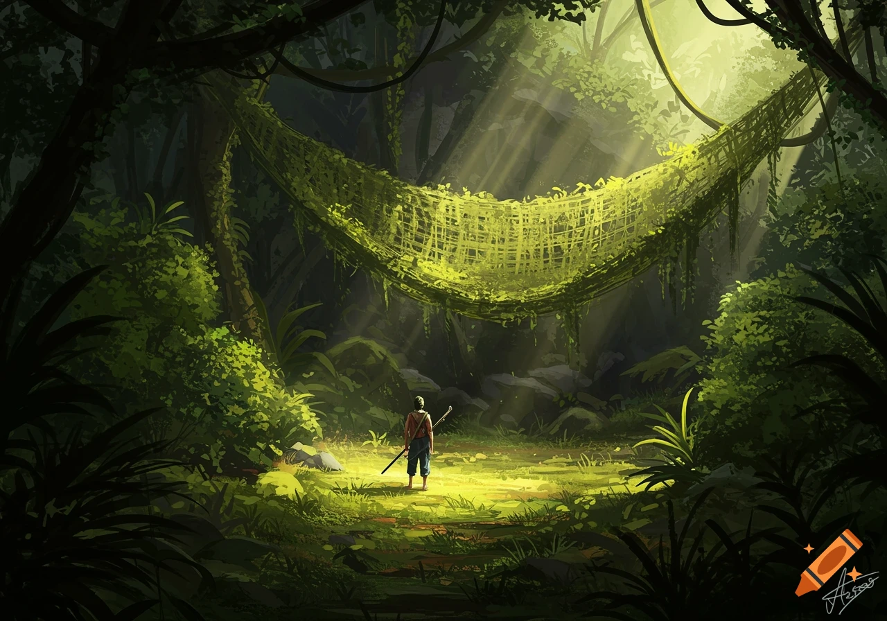 A person stands in a sunlit jungle clearing, looking at a large woven ...