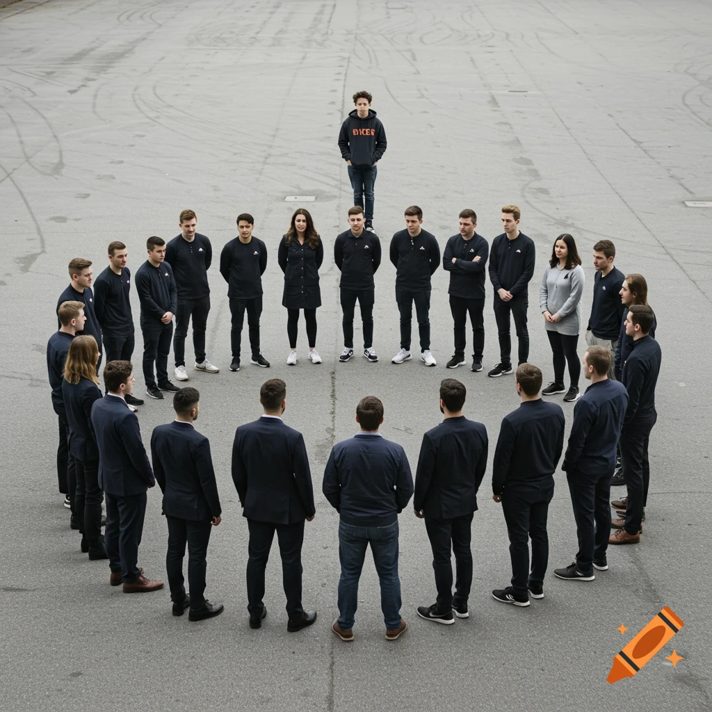 A person stands outside a circle of people facing away from them, in a ...