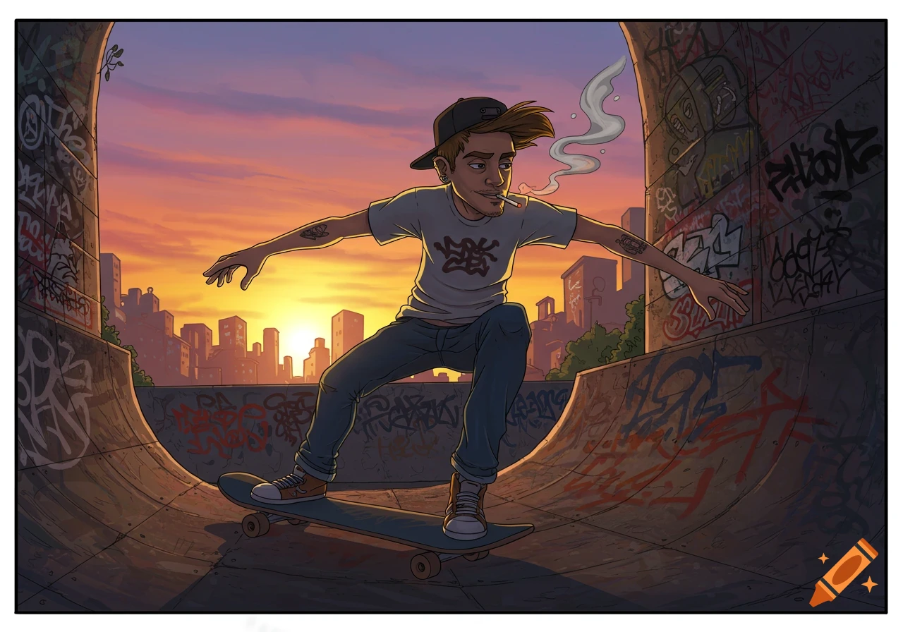 Illustrated person skateboarding in a graffiti-covered skatepark at ...