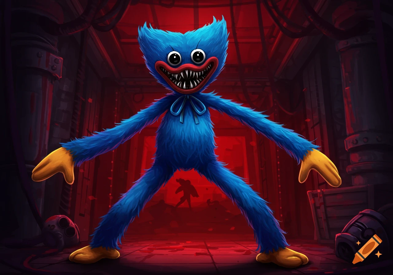 Blue furry monster Huggy Wuggy stands with arms spread in a dark ...